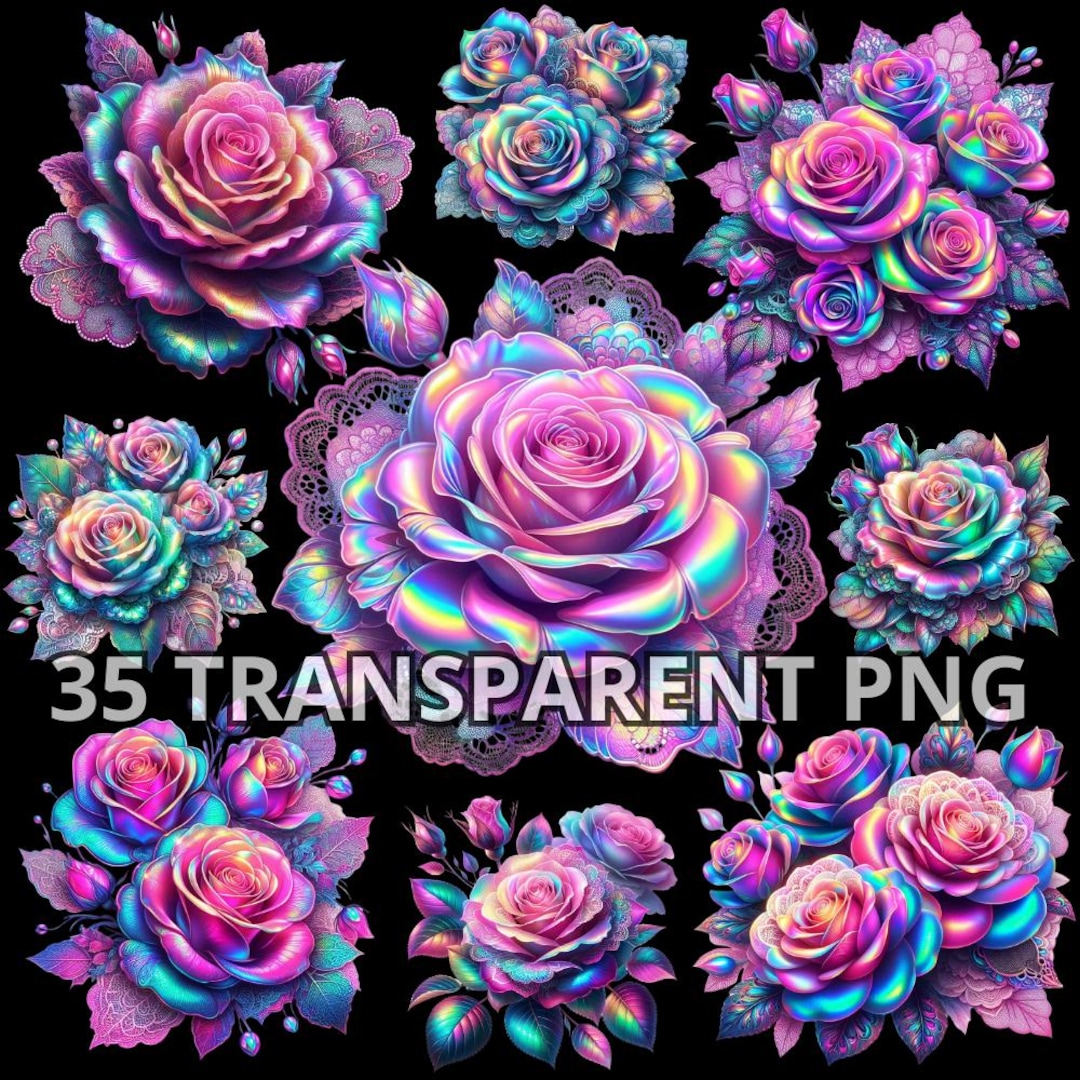 Iridescent Holographic Roses Lace Leaves, 35 PNG, Roses Clipart, Roses ...