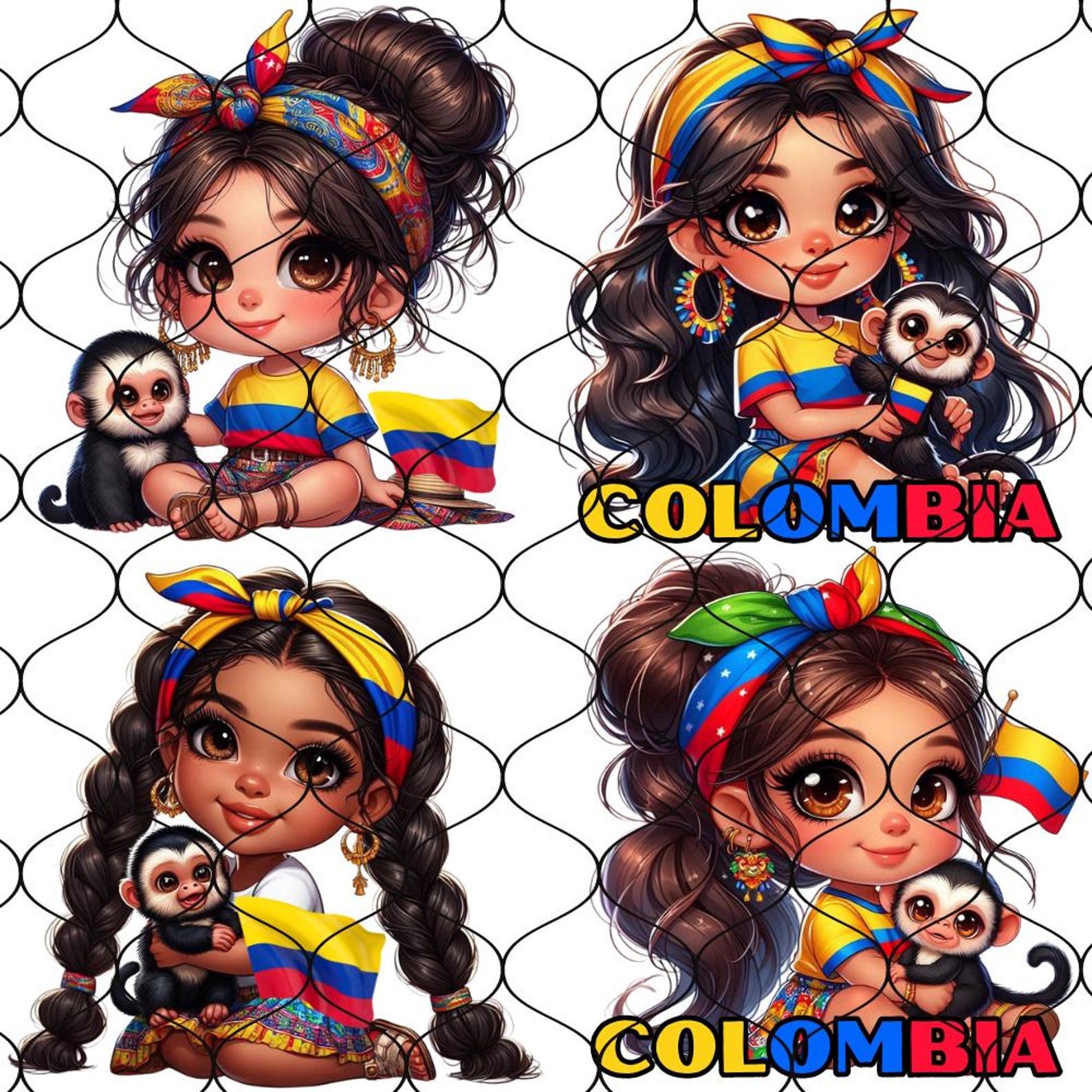 Chibi Cute Colombian Baby Girl With Monkey, 20 PNG, Colombian Girl ...
