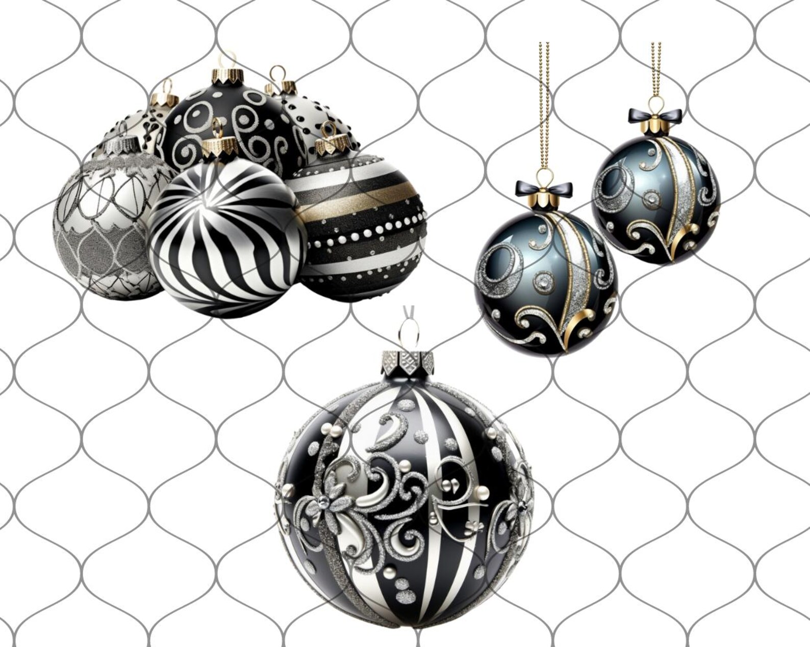Black & White Christmas Baubles, 50 PNG, Winter Clipart, Christmas Tree ...