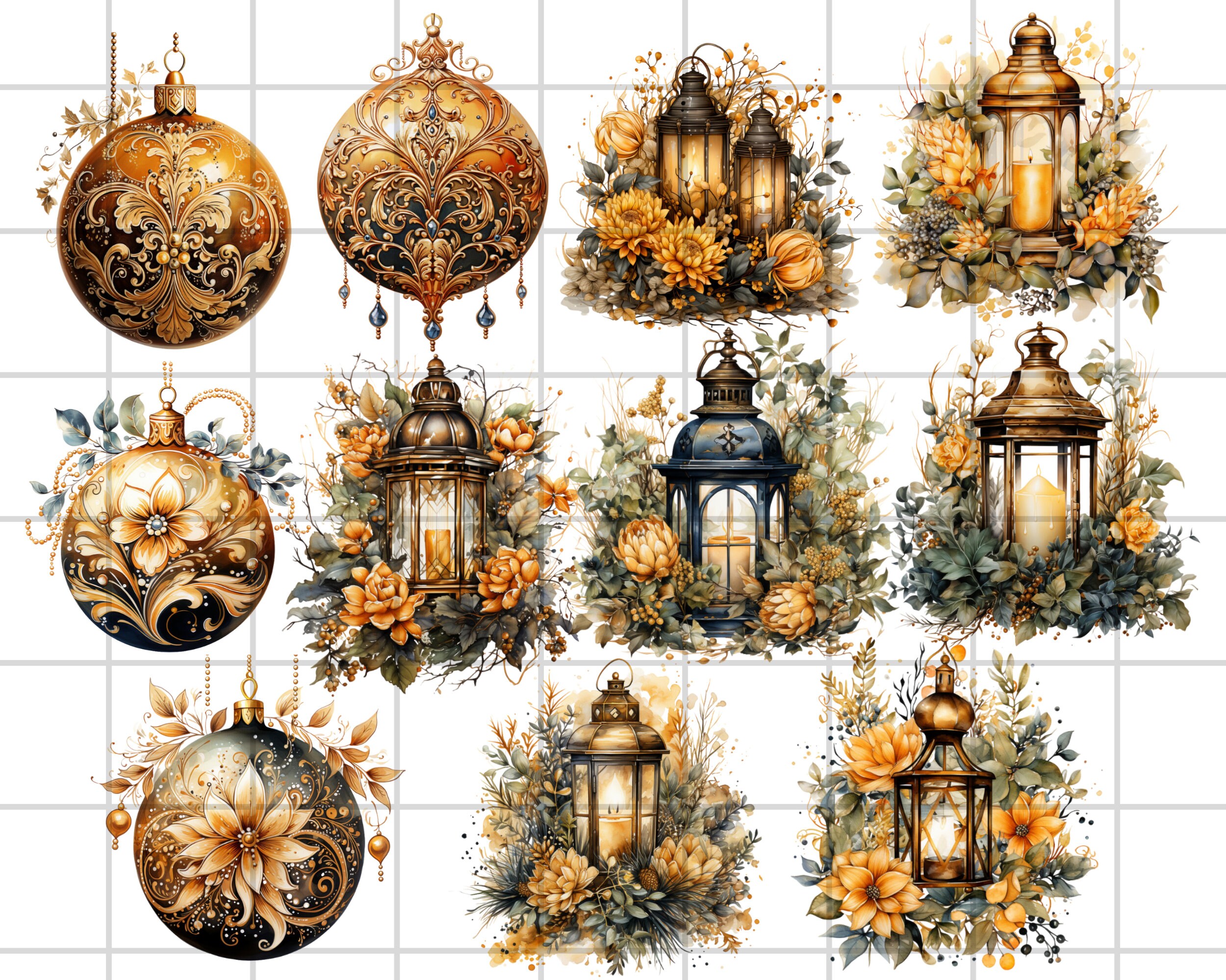 Watercolor Golden Christmas, 102 PNG, Christmas PNG Clipart Bundle ...