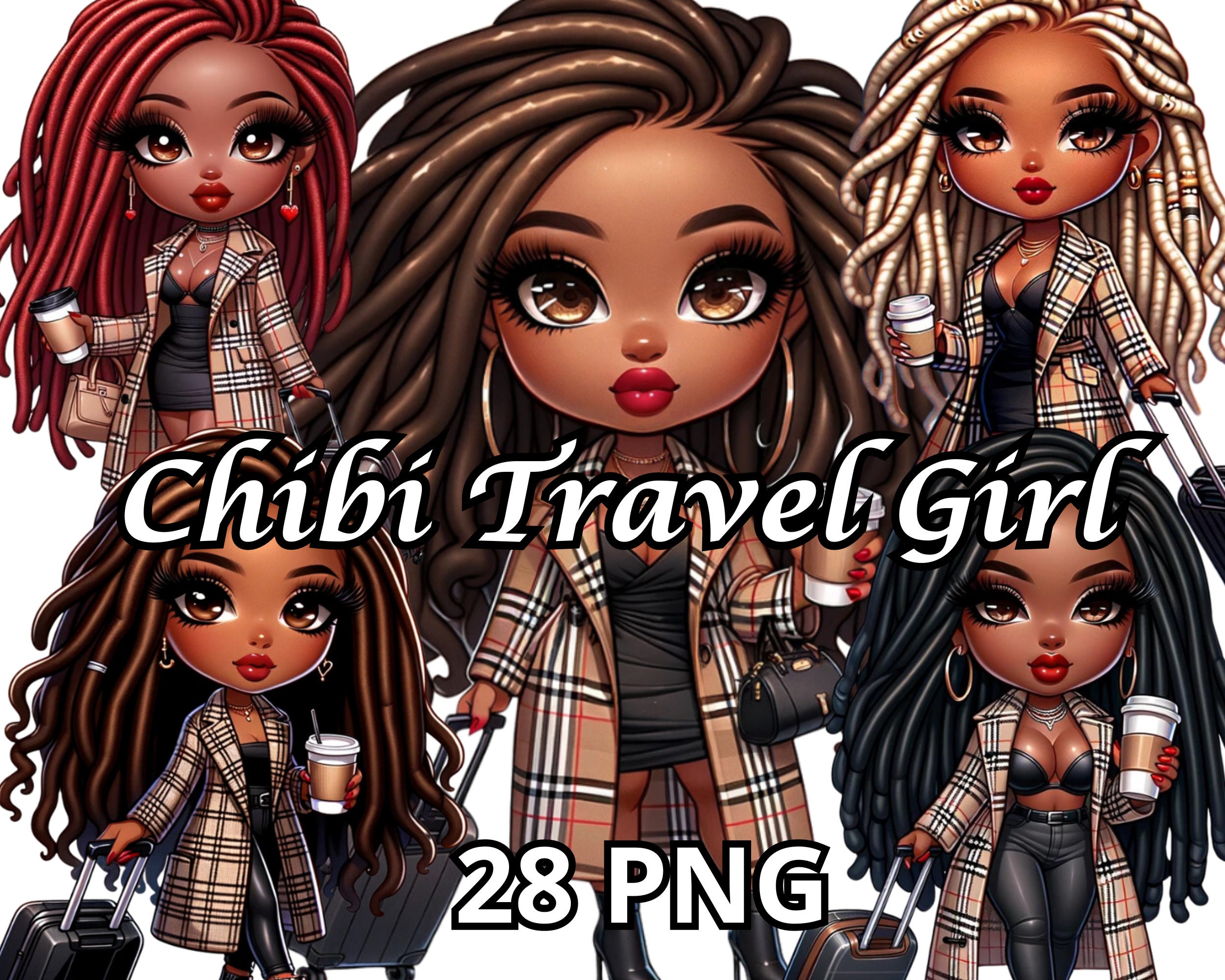 Chibi Travel Girl, 28 PNG, Chibi Style Woman Clipart, Melanin Queen Png ...