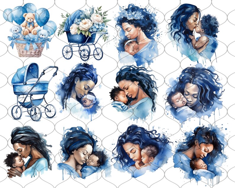 Watercolor Baby Shower Clipart, 32 PNG, Black Baby Boy Clipart, Newborn ...