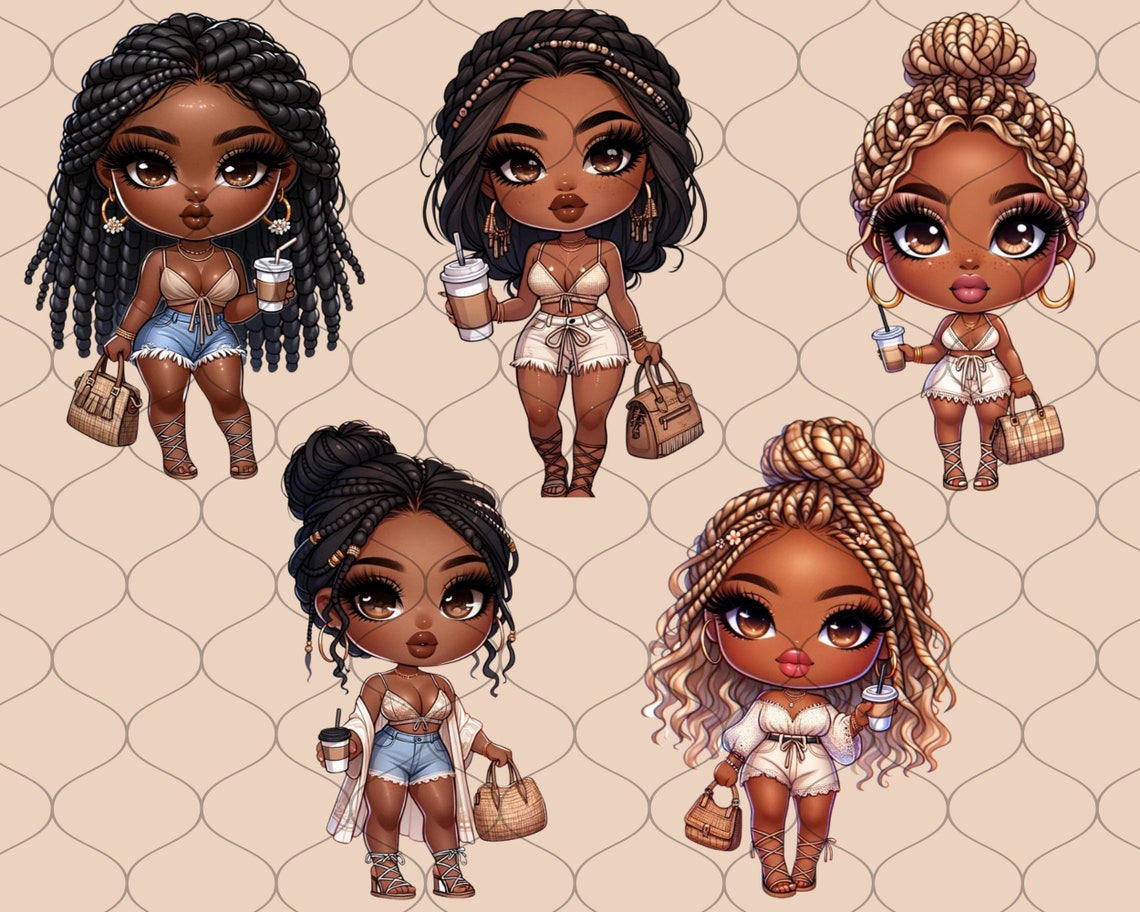 Chibi Boho Ladies, 40 Png, Boho Girl Png, Black Women Clipart, Black ...