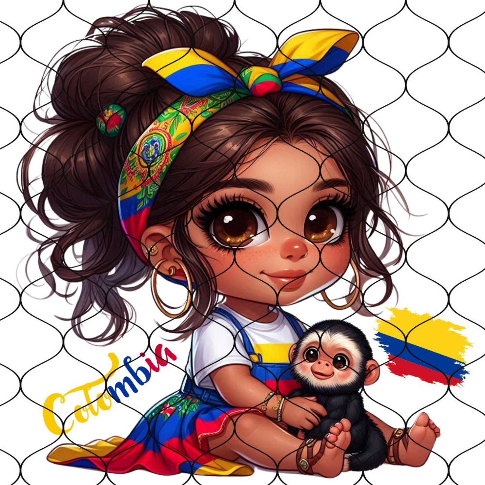 Chibi Cute Colombian Baby Girl With Monkey, 20 PNG, Colombian Girl ...