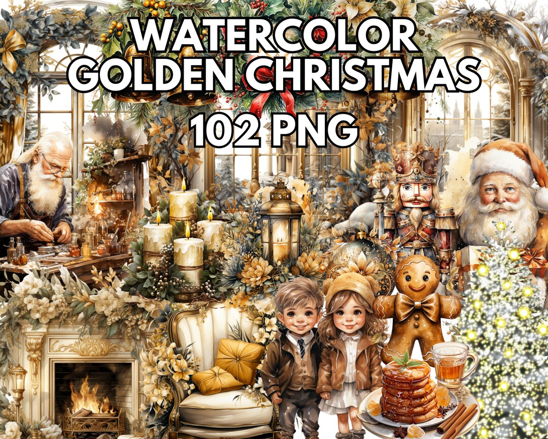 Watercolor Golden Christmas, 102 PNG, Christmas PNG Clipart Bundle ...
