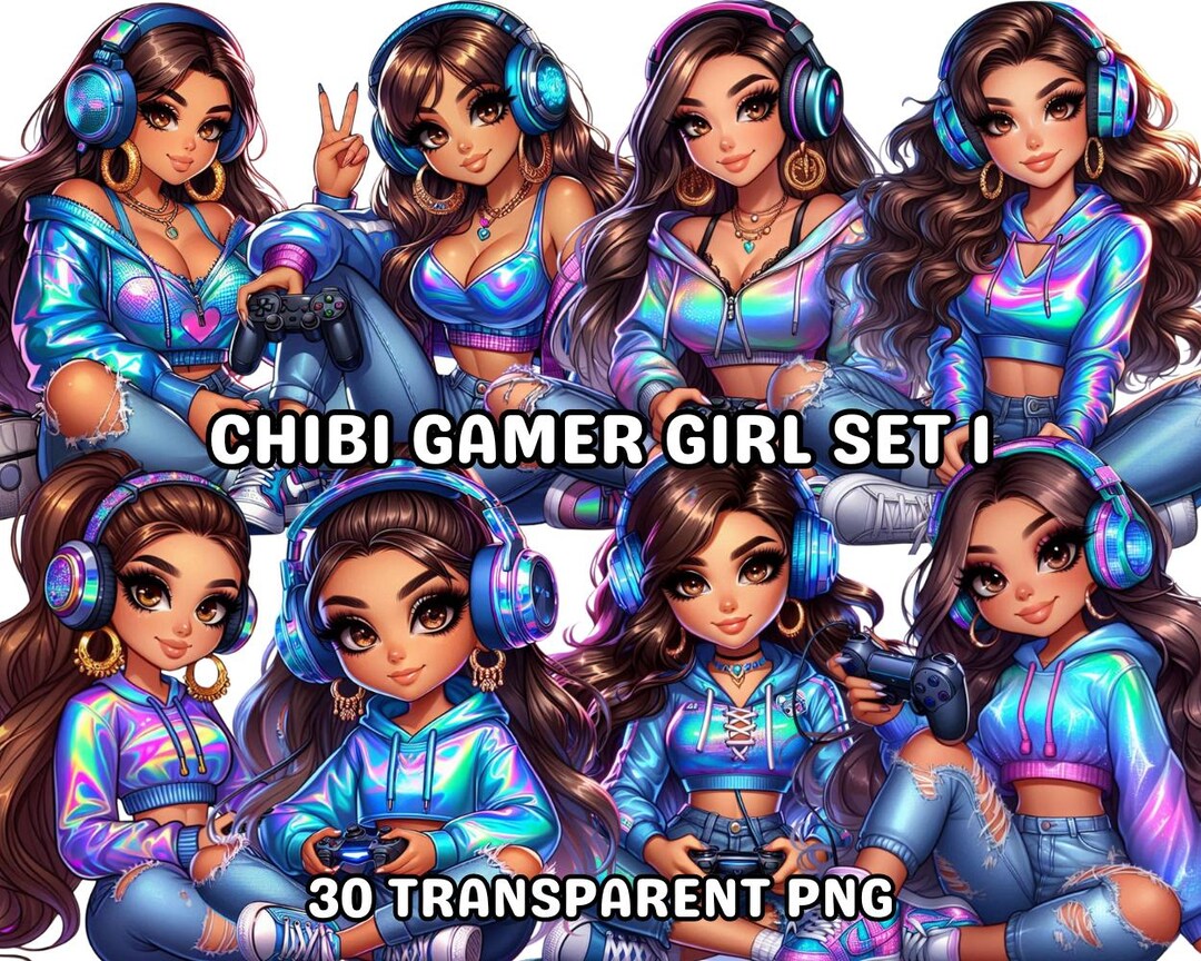 Chibi Gamer Girl Set 1, 30 PNG, Gamer Girl, Chibi Gamer, Chibi Girl ...