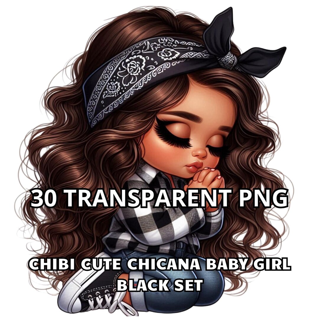 30 Chibi Cute Chicana Baby Girl Black Set, Chibi Girl Clipart, Chibi ...