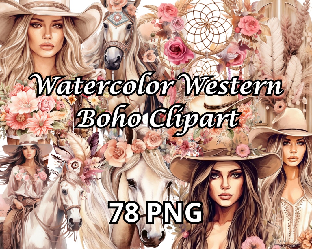 Watercolor Western Boho Clipart, 78 TRANSPARENT PNG, Cowgirl Texas ...