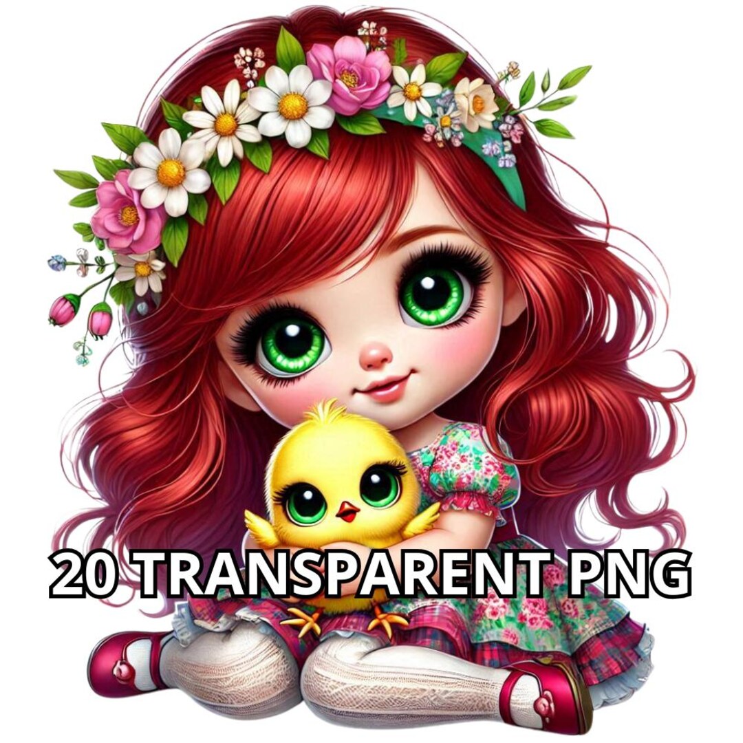20 Chibi Cute Easter Red Hair Baby Girl Png, Easter Png, Baby Chicken ...