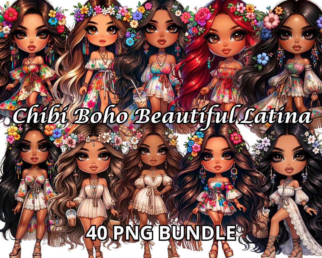 Chibi Boho Beautiful Latina, 40 PNG, Latina Clipart, Chibi Hispanic ...