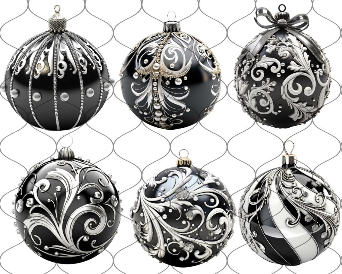 Black & White Christmas Baubles, 50 PNG, Winter Clipart, Christmas Tree ...