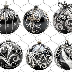 Black & White Christmas Baubles, 50 PNG, Winter Clipart, Christmas Tree ...