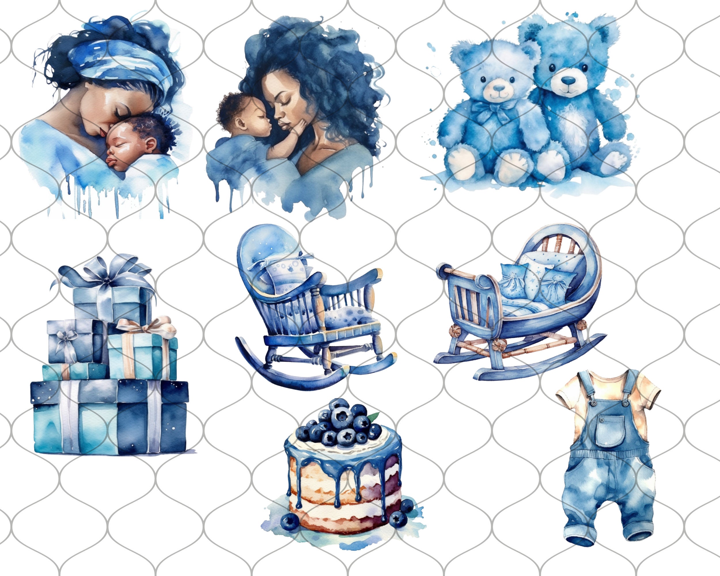 Watercolor Baby Shower Clipart, 32 PNG, Black Baby Boy Clipart, Newborn ...