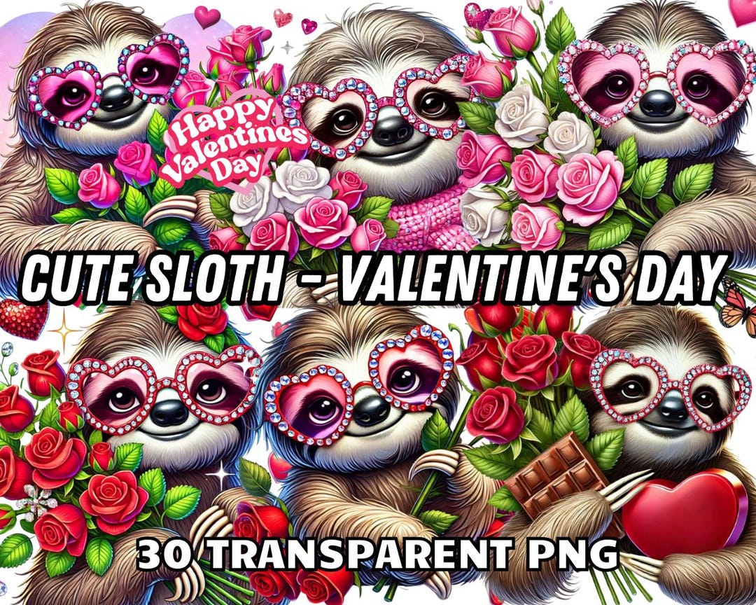 Cute Sloth Valentine's Day, 30 PNG, Valentines Day Clipart, Valentines ...