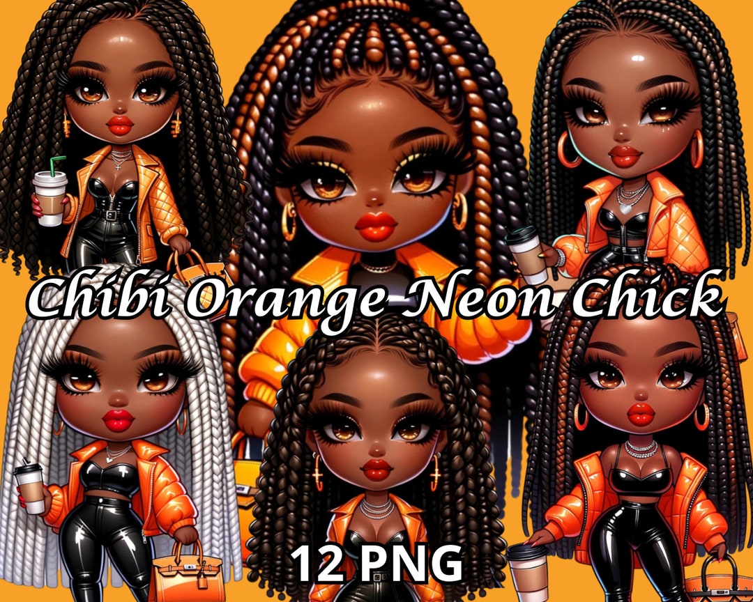 Chibi Orange Neon Chick, 12 PNG, Chibi Dolls Clipart, Black Women ...