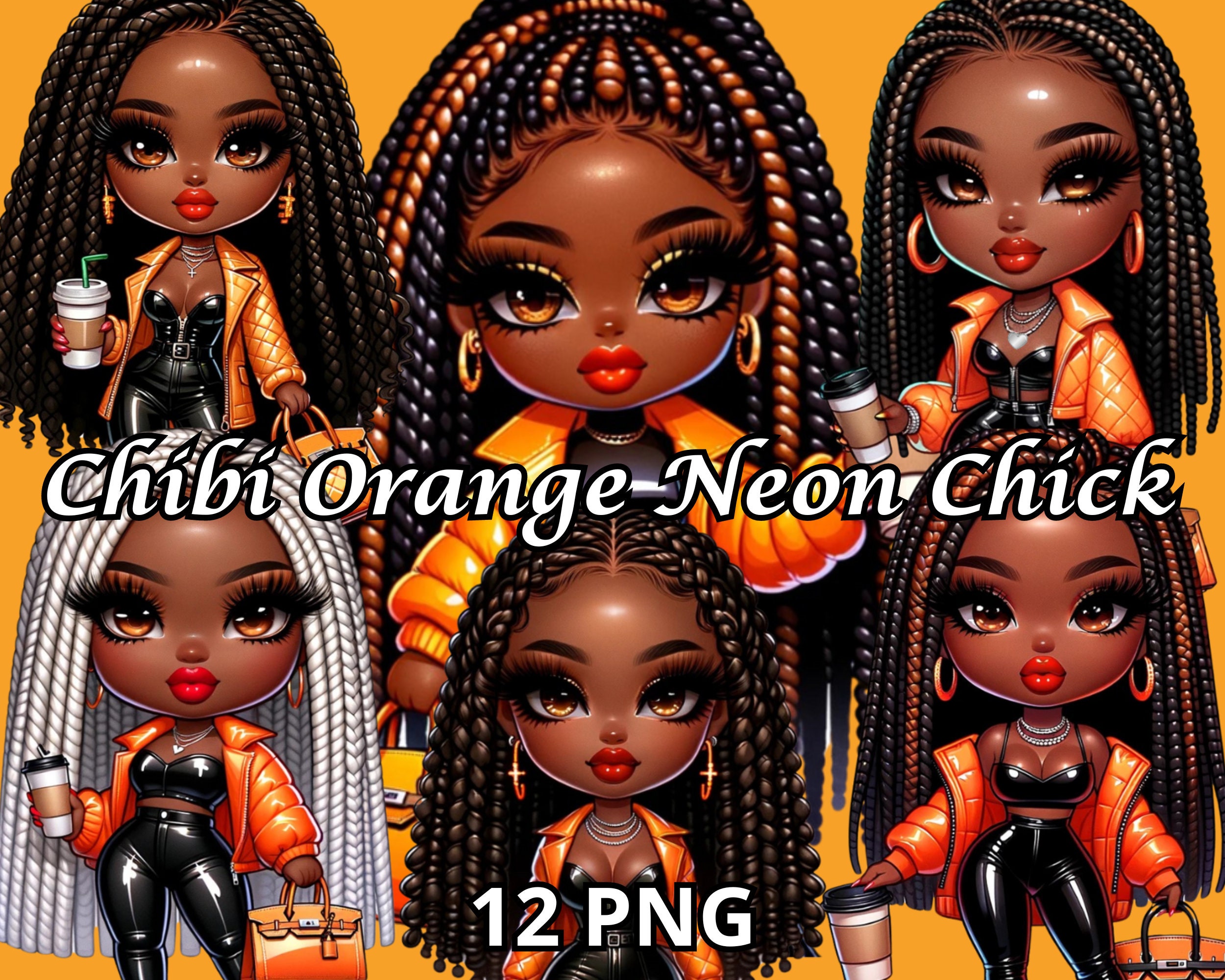 Chibi Orange Neon Chick, 12 PNG, Chibi Dolls Clipart, Black Women ...
