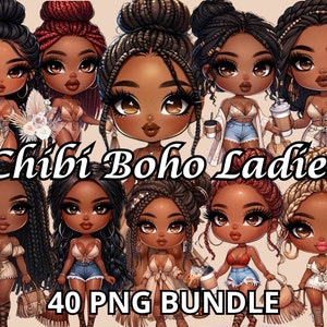 Chibi Boho Ladies, 40 Png, Boho Girl Png, Black Women Clipart, Black ...