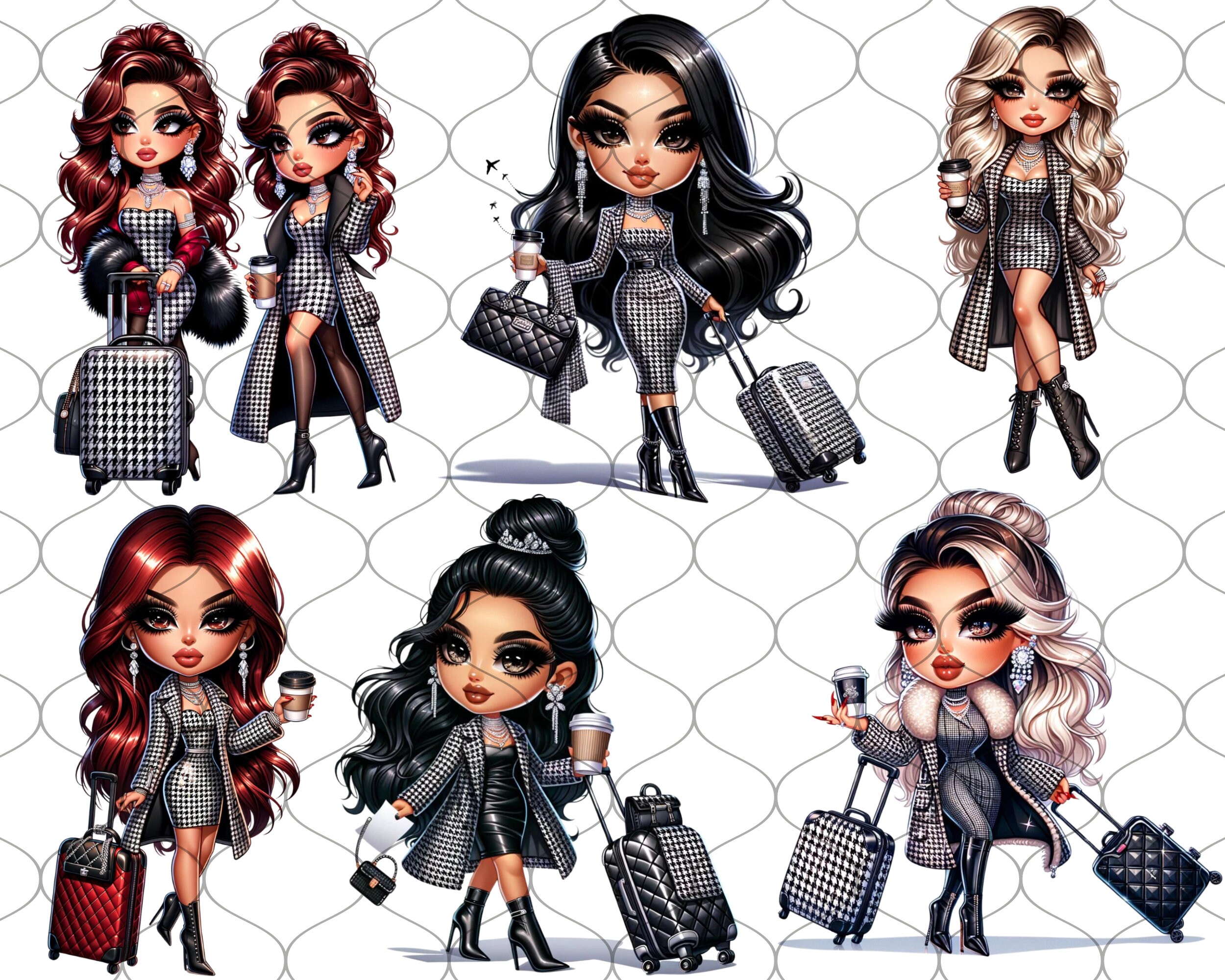 Chibi Travel Latina Houndstooth, 35 PNG, Travel Girl Clipart, Girls ...