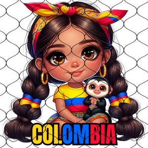 Chibi Cute Colombian Baby Girl With Monkey, 20 PNG, Colombian Girl ...