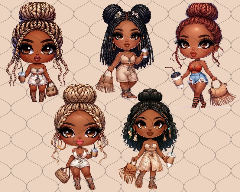 Chibi Boho Ladies, 40 Png, Boho Girl Png, Black Women Clipart, Black ...