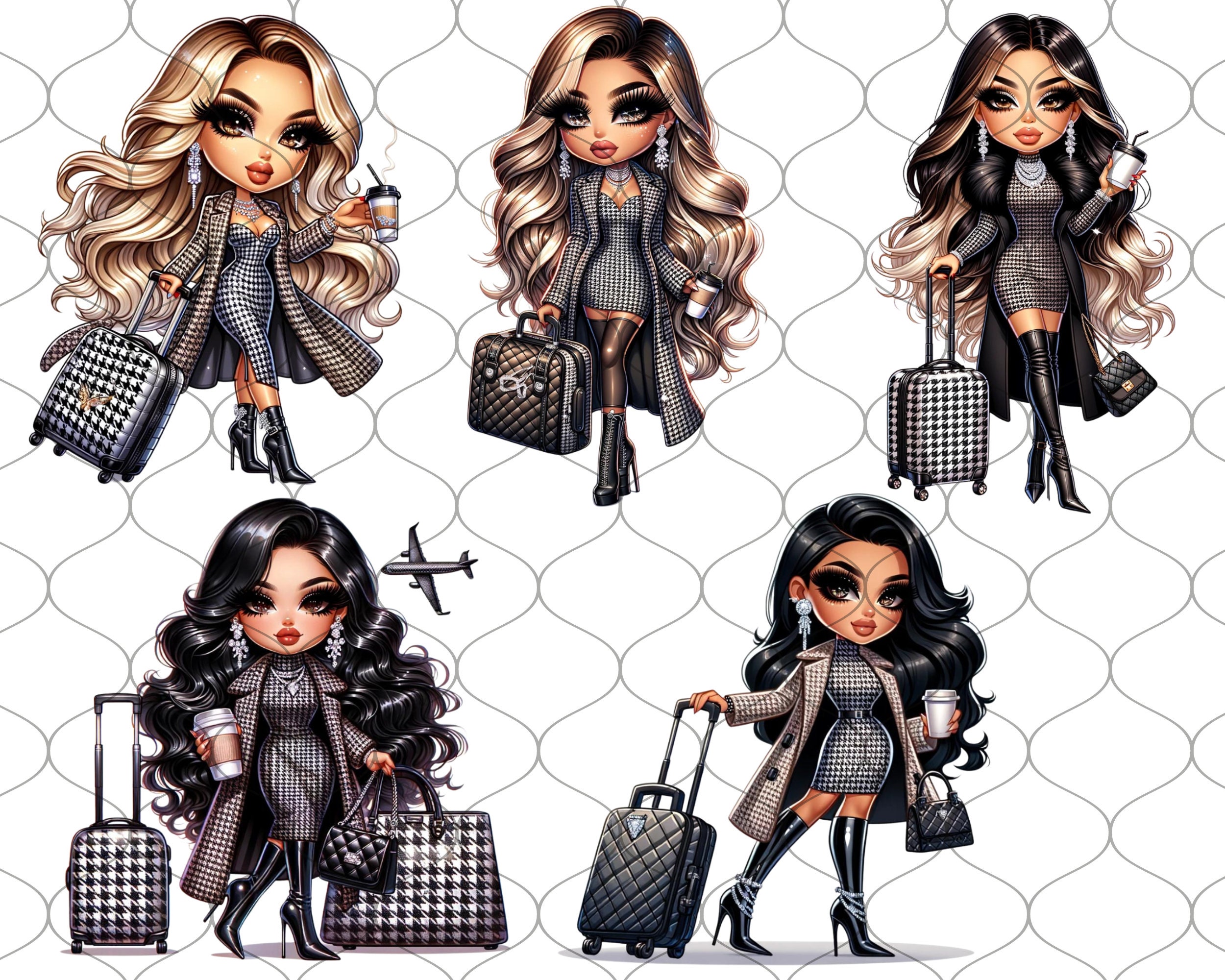 Chibi Travel Latina Houndstooth, 35 PNG, Travel Girl Clipart, Girls ...