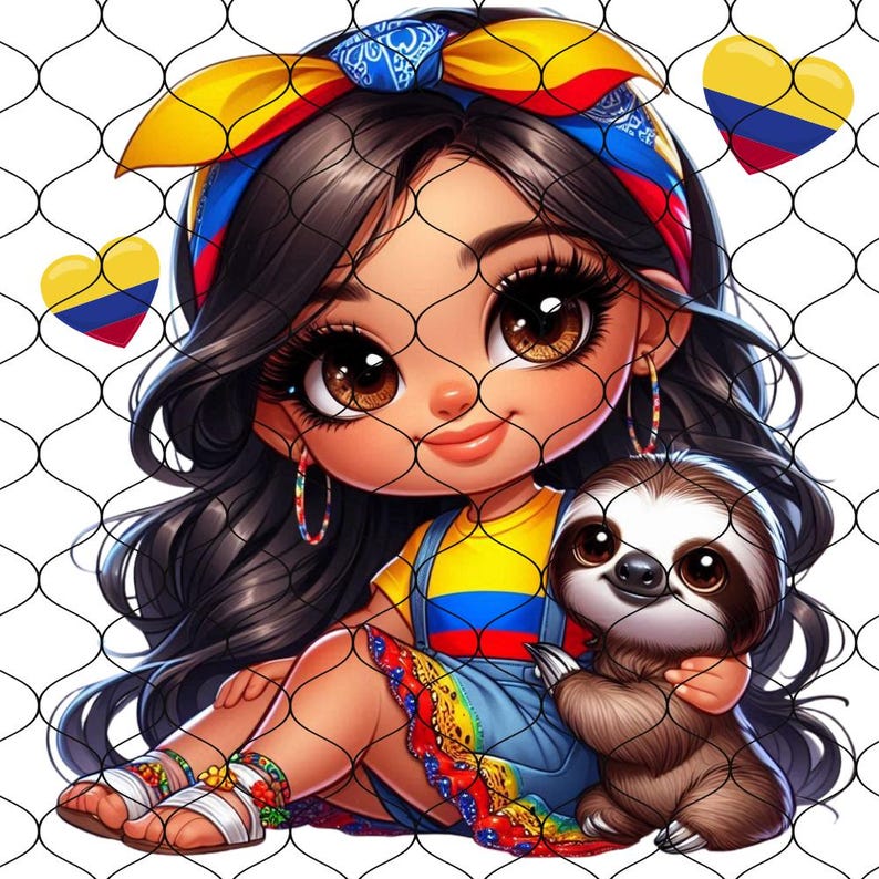 Chibi Cute Colombian Baby Girl With Sloth, 20 PNG, Colombian Girl ...