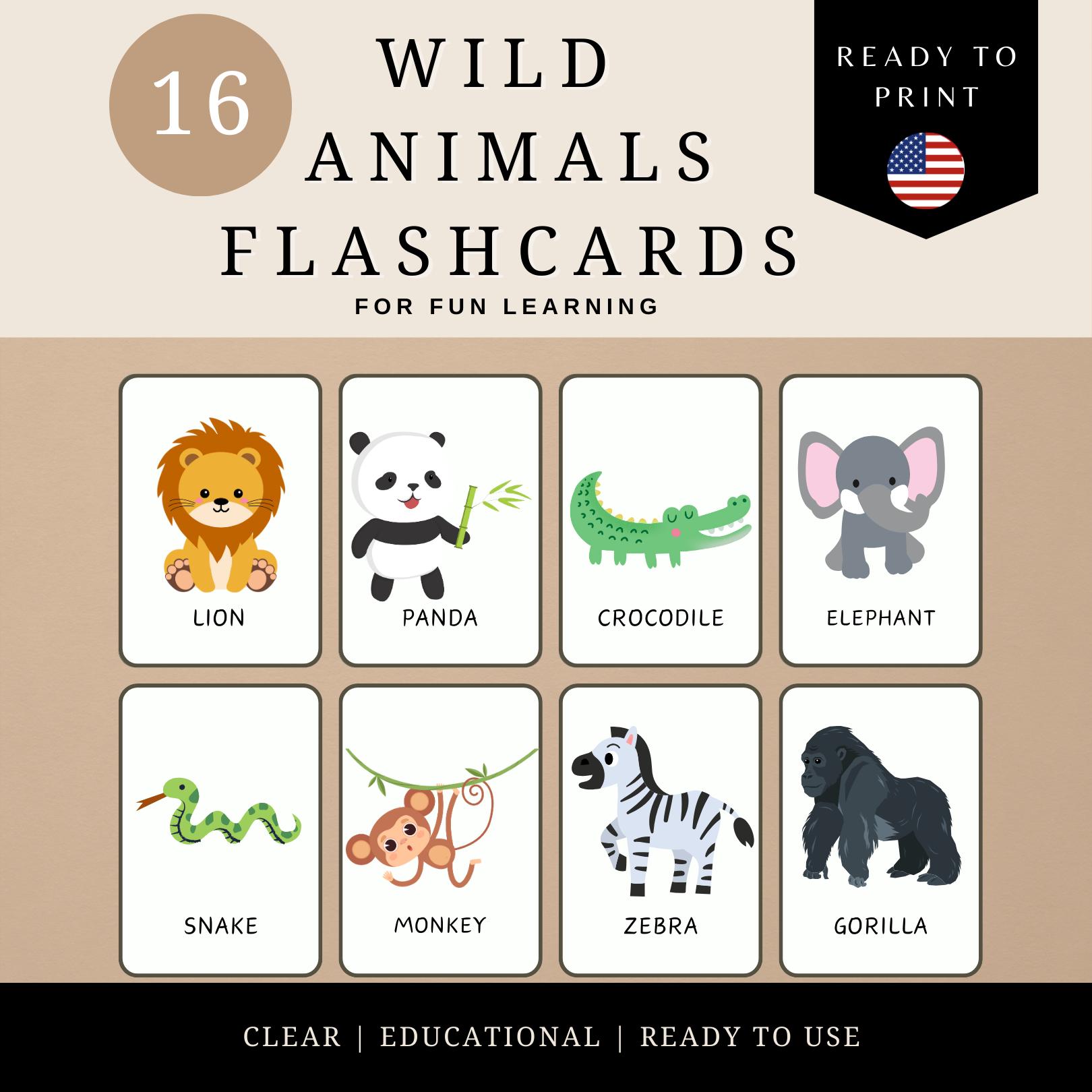 16 Wild Animals Flashcards | Flash Cards for Kids | Pre School Cards ...