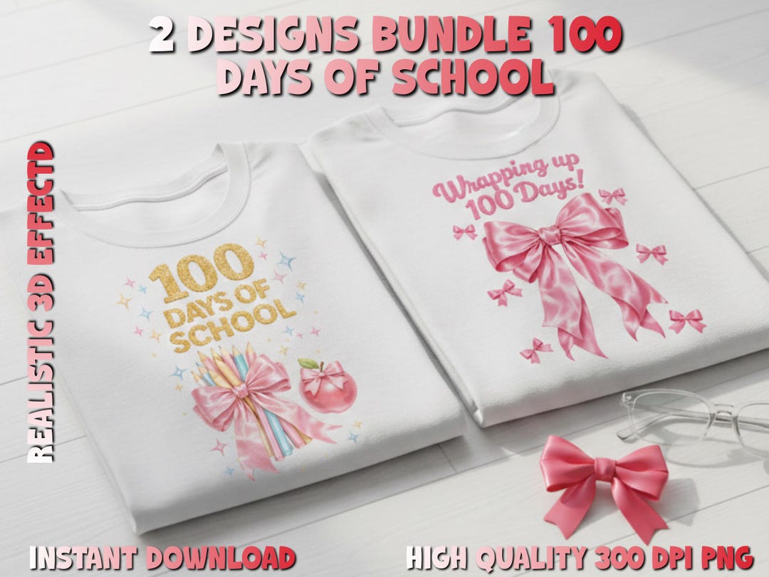 100 Days of School Coquette PNG Bundle | Realistic 3D Pink Bow ...