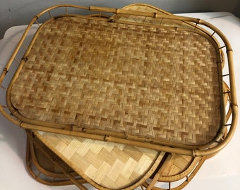 Vintage Woven Bamboo Trays Set of 4 Wicker Rattan Trays Vanity Tray ...