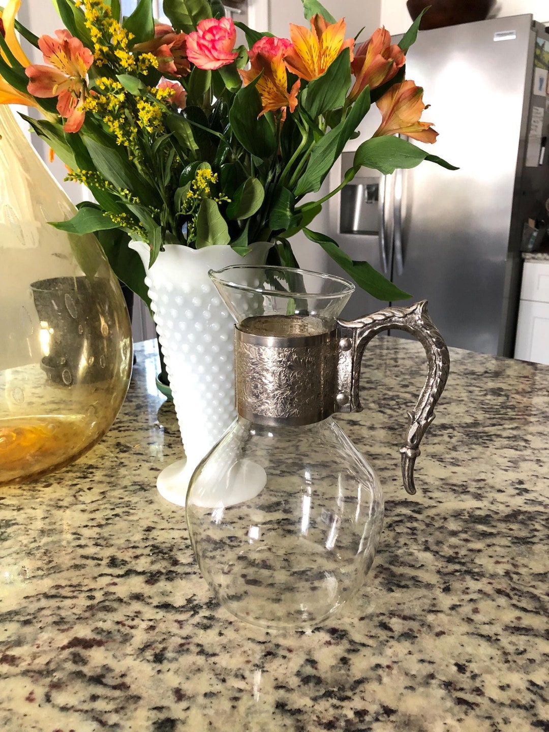 Vintage Glass Pitcher Silver Plated Neck And Handle Carafe Etsy