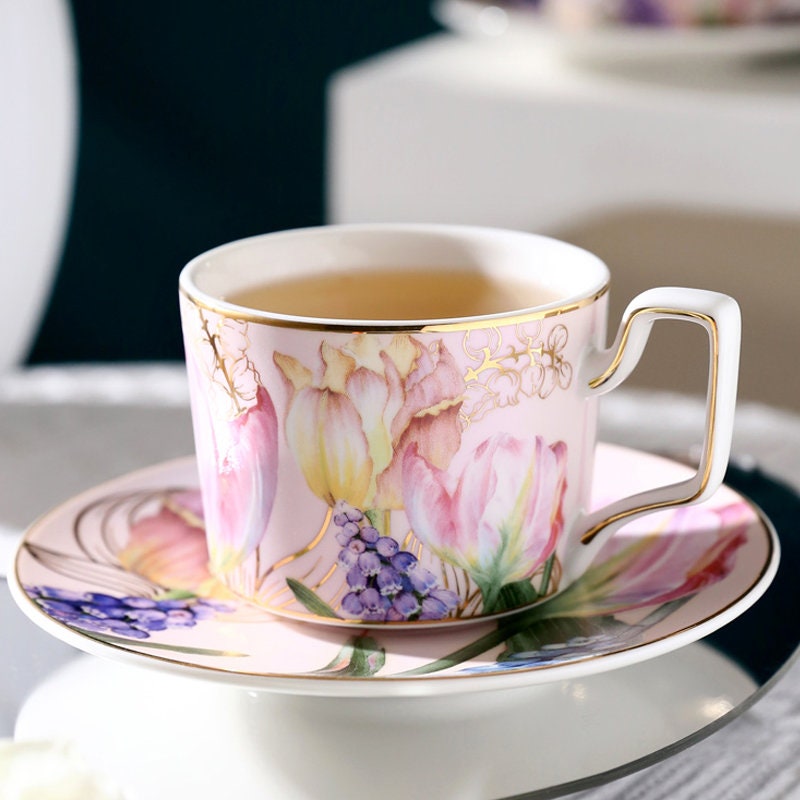 Handcrafted Ceramic Tea Set: French Golden Floral Coffee Cups, Saucers ...