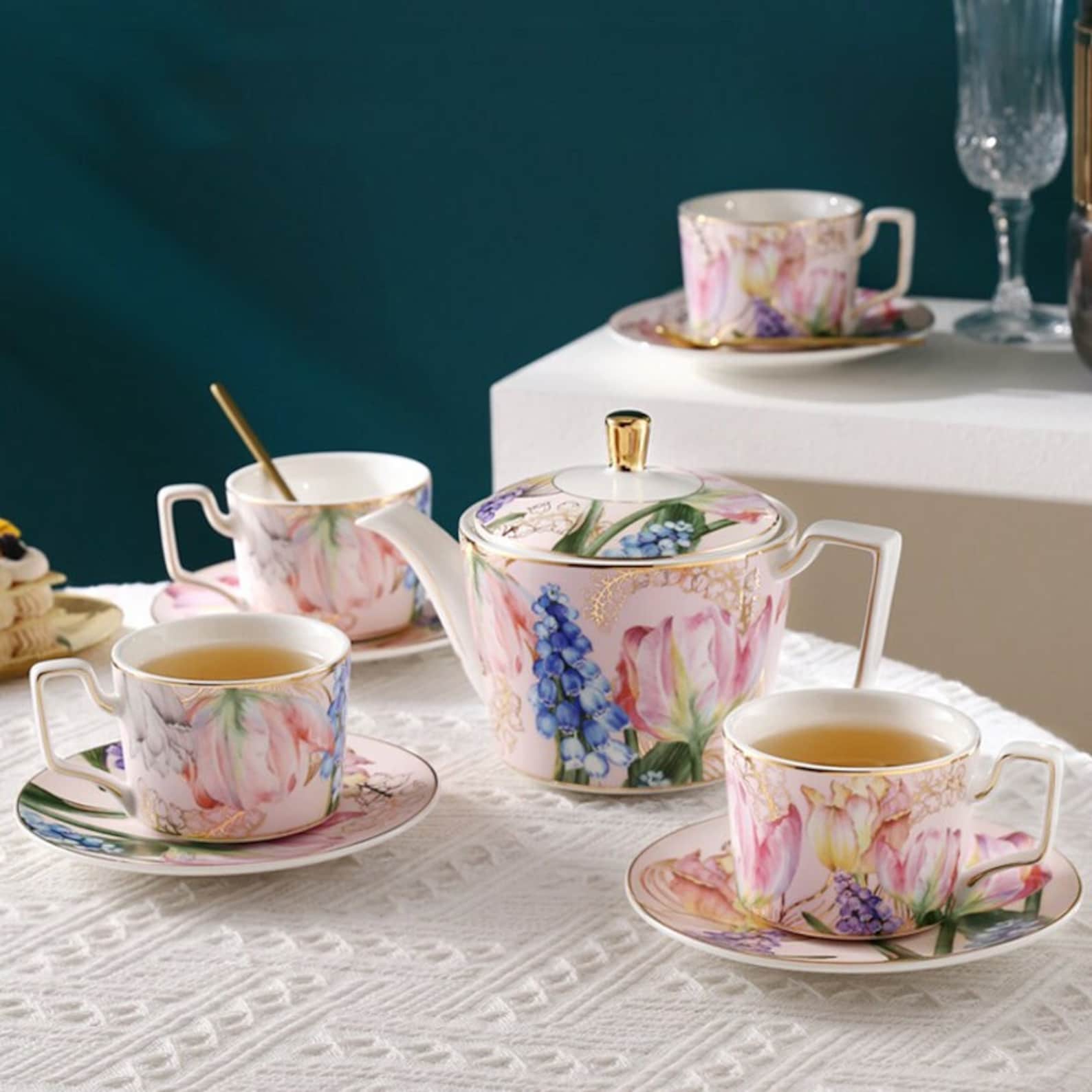 Handcrafted Ceramic Tea Set: French Golden Floral Coffee Cups, Saucers ...