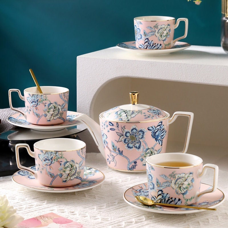 Handcrafted Ceramic Tea Set: Ink Blue Floral Coffee Cup and Saucer - Etsy