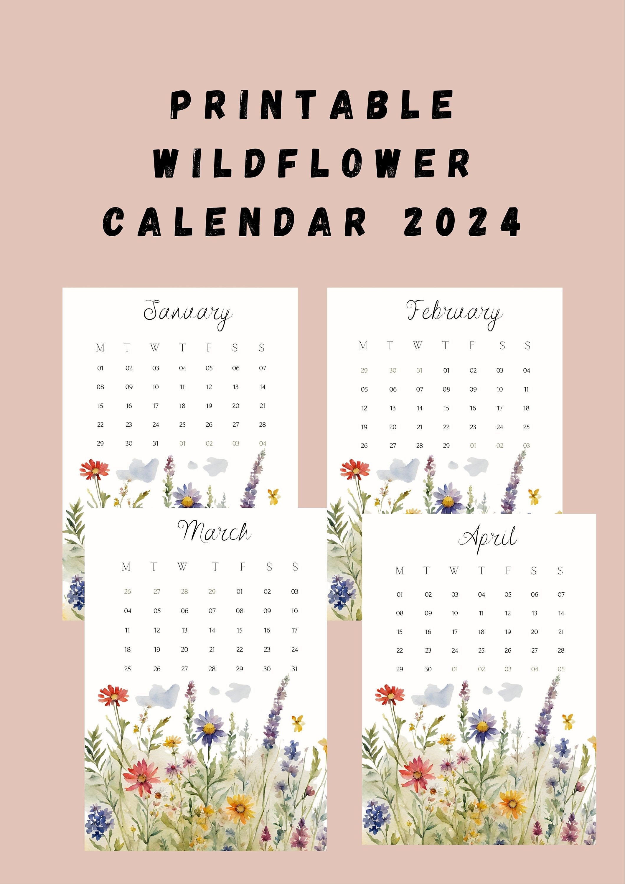 Printable Calendar 2024 Wildflower Calendar Floral Wall Calendar ...