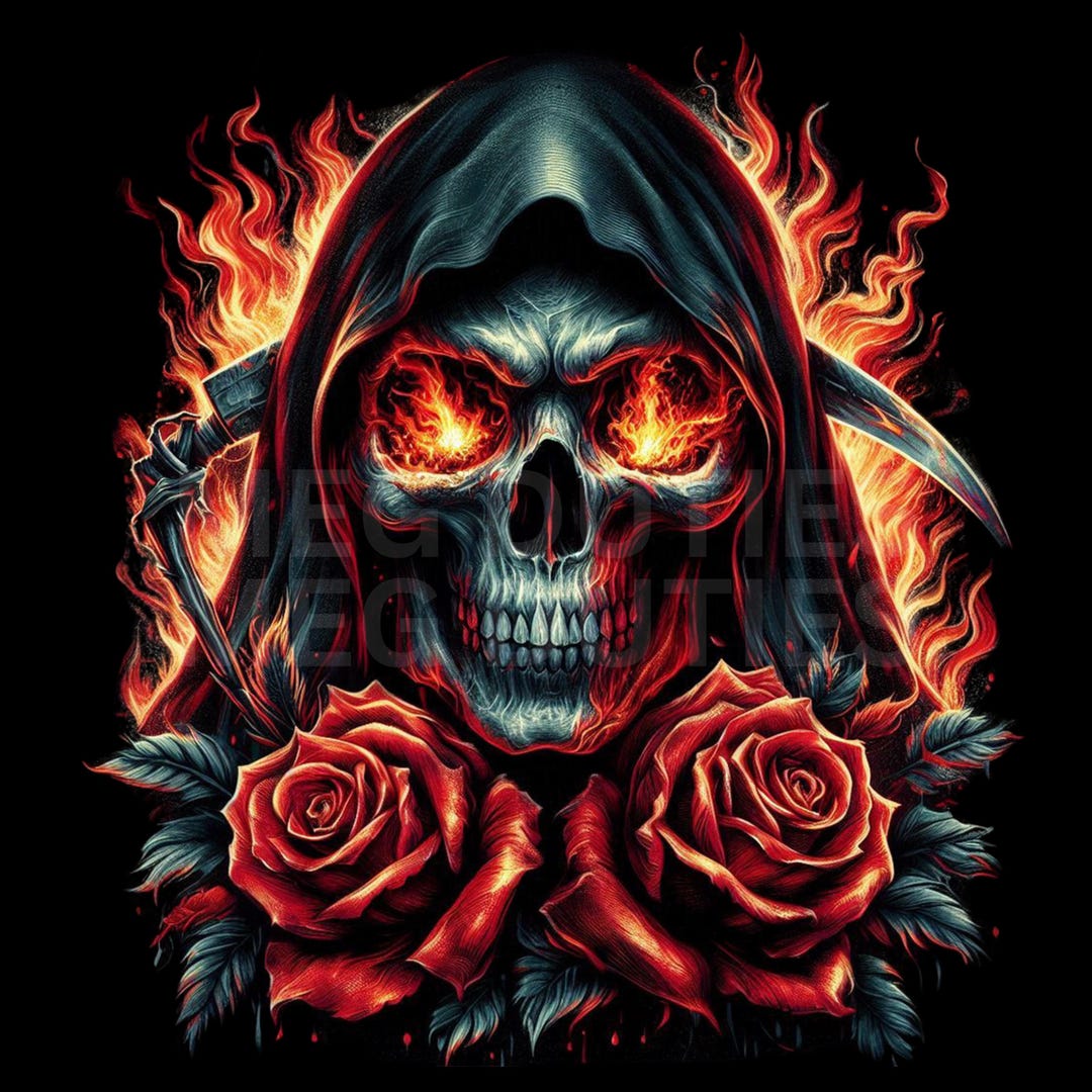 Devil Goth Skull With Rose & Fire Eyes T-shirt Design PNG, Grim Reaper ...