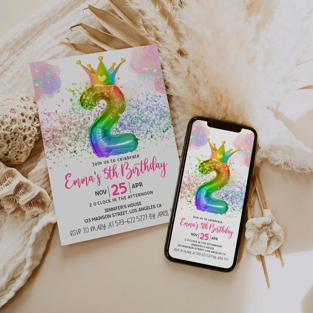 2th Birthday Invitation Rainbow Glitter Birthday Invite Foil Pastel ...