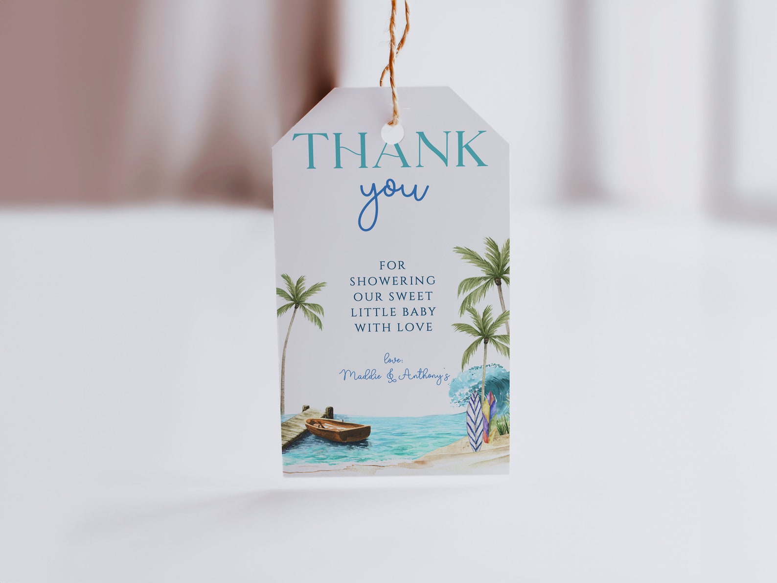 Editable Blue Surfboard Baby Shower Favor Tag Template, Baby on Board ...