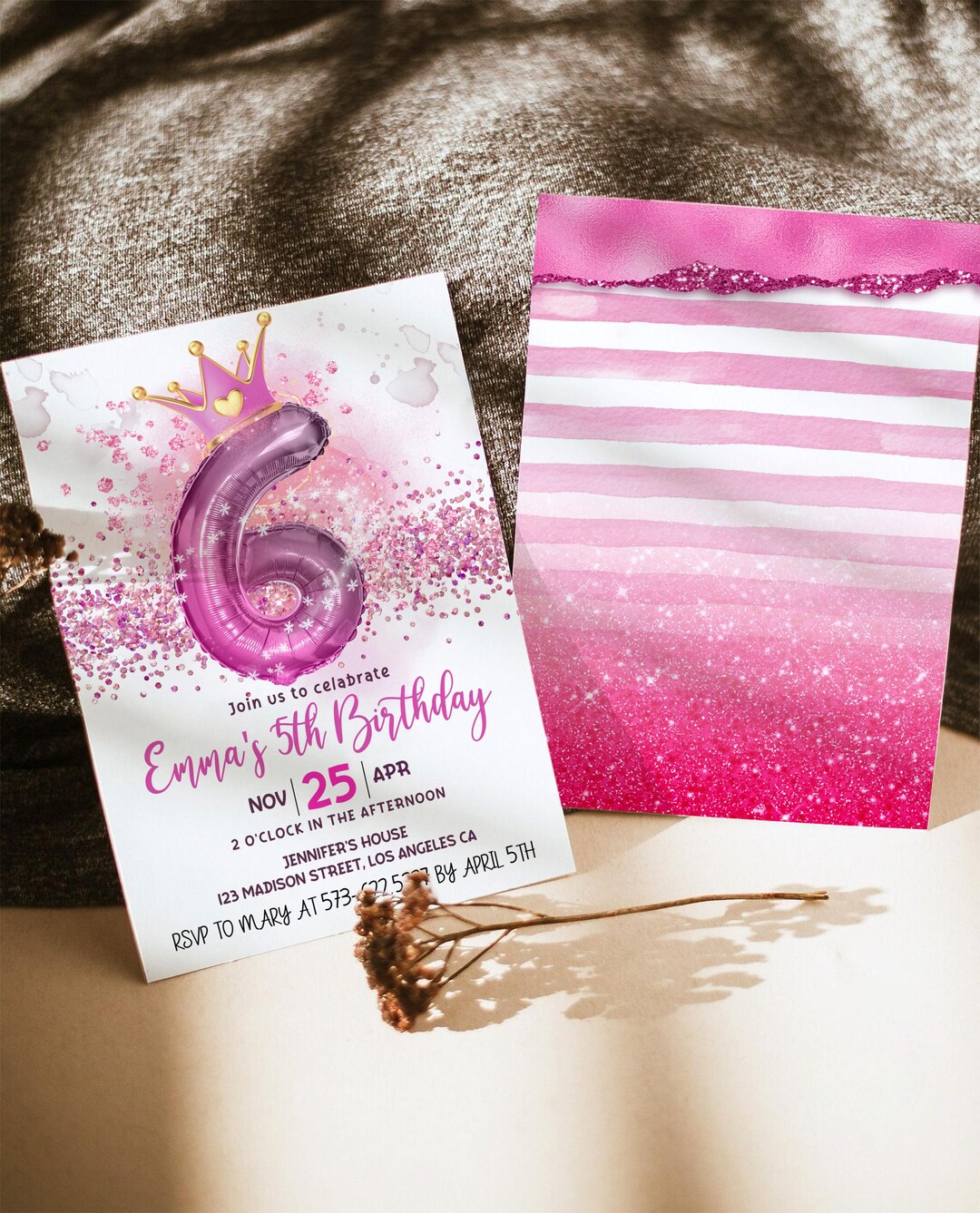 Editable Pink 6th Birthday Invitation Template Glitter Birthday Party ...