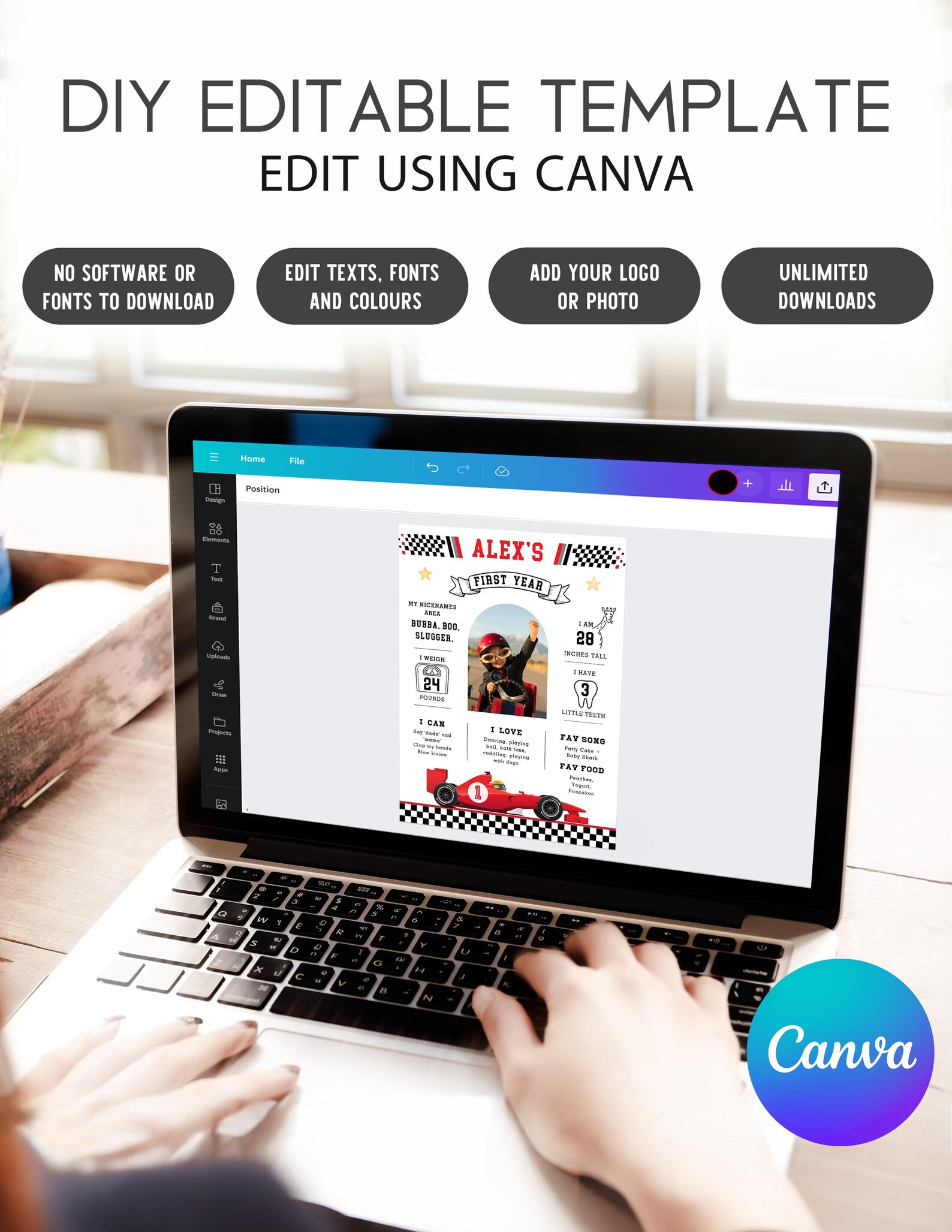 Fast One 1st Birthday Milestone Poster, Editable Race Car Birthday ...