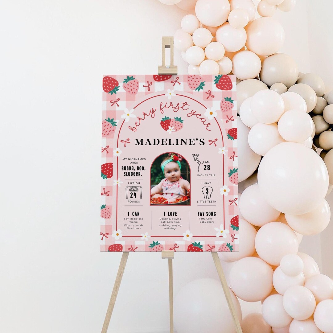 Berry First Birthday Milestone Poster: Editable Strawberry Party Sign ...