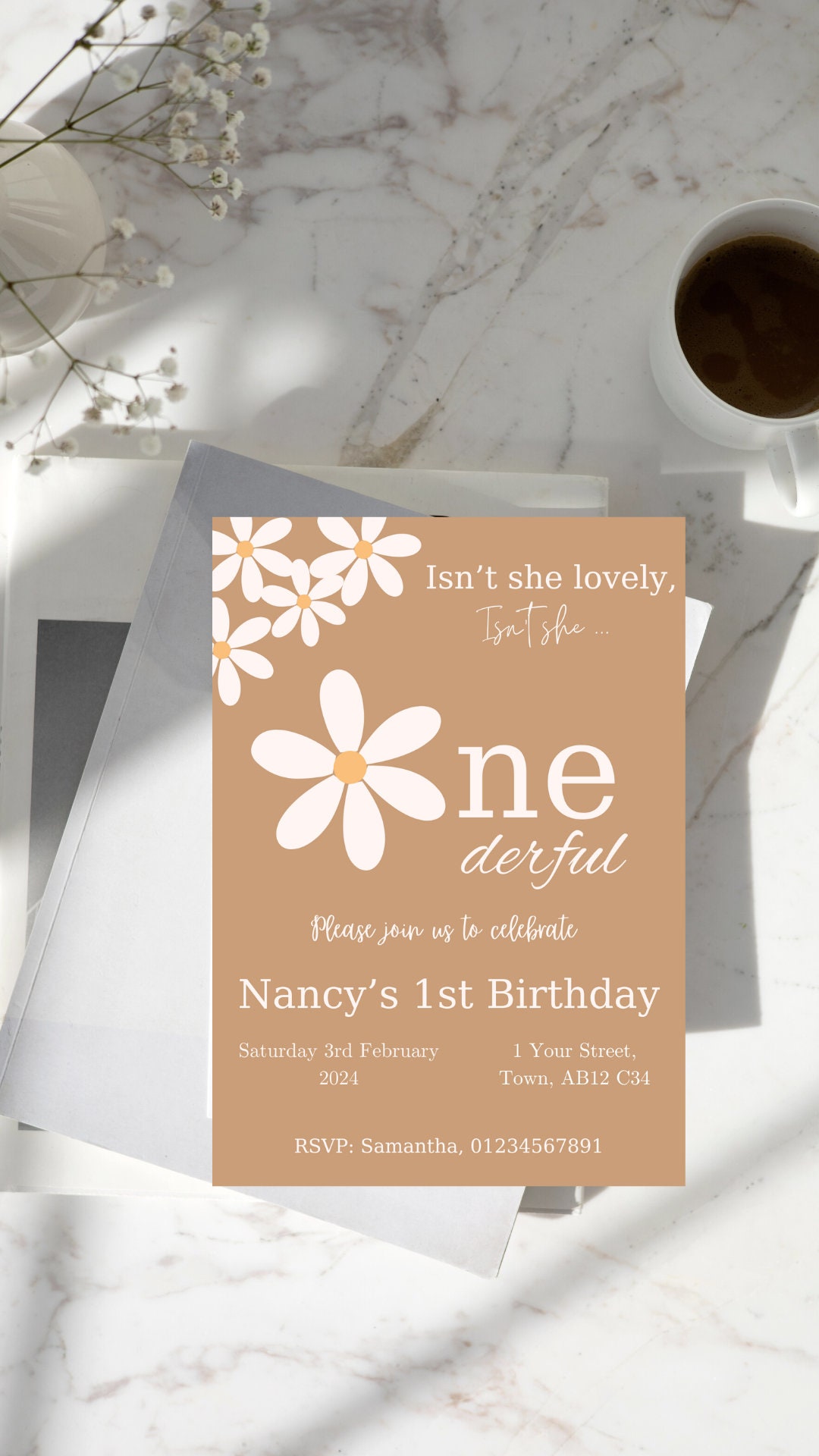 EDITABLE Personalised Party Invitation Onederful Daisy/flower 1st ...
