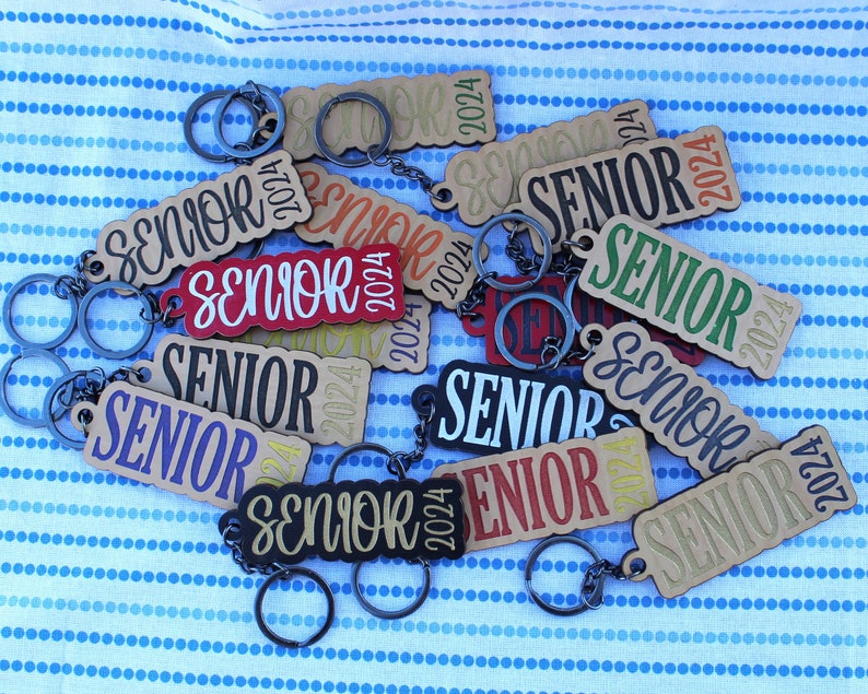 BLOCK Text Senior Keychain | Wooden | School Colors | Graduation Gift ...