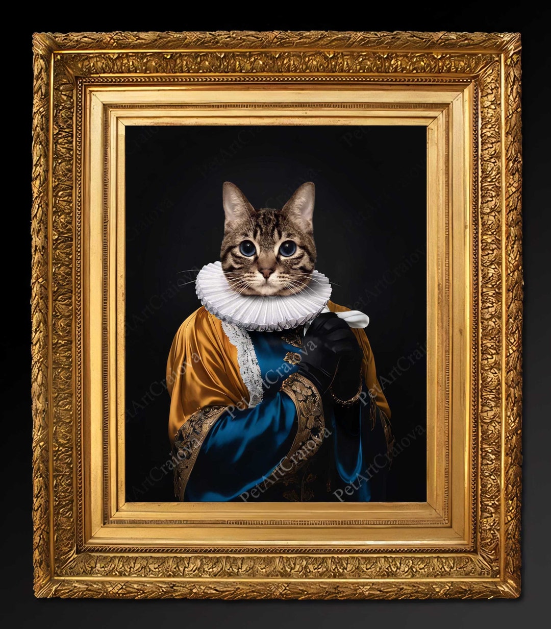 Cat With Yellow Blue Dress, White Ruff Collar Royal Pet Portrait From ...