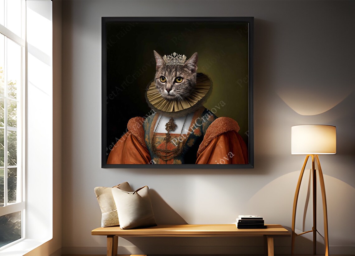 Queen Cat in Royal Dress With Ruff Collar and Crown, Dog Vintage Old ...