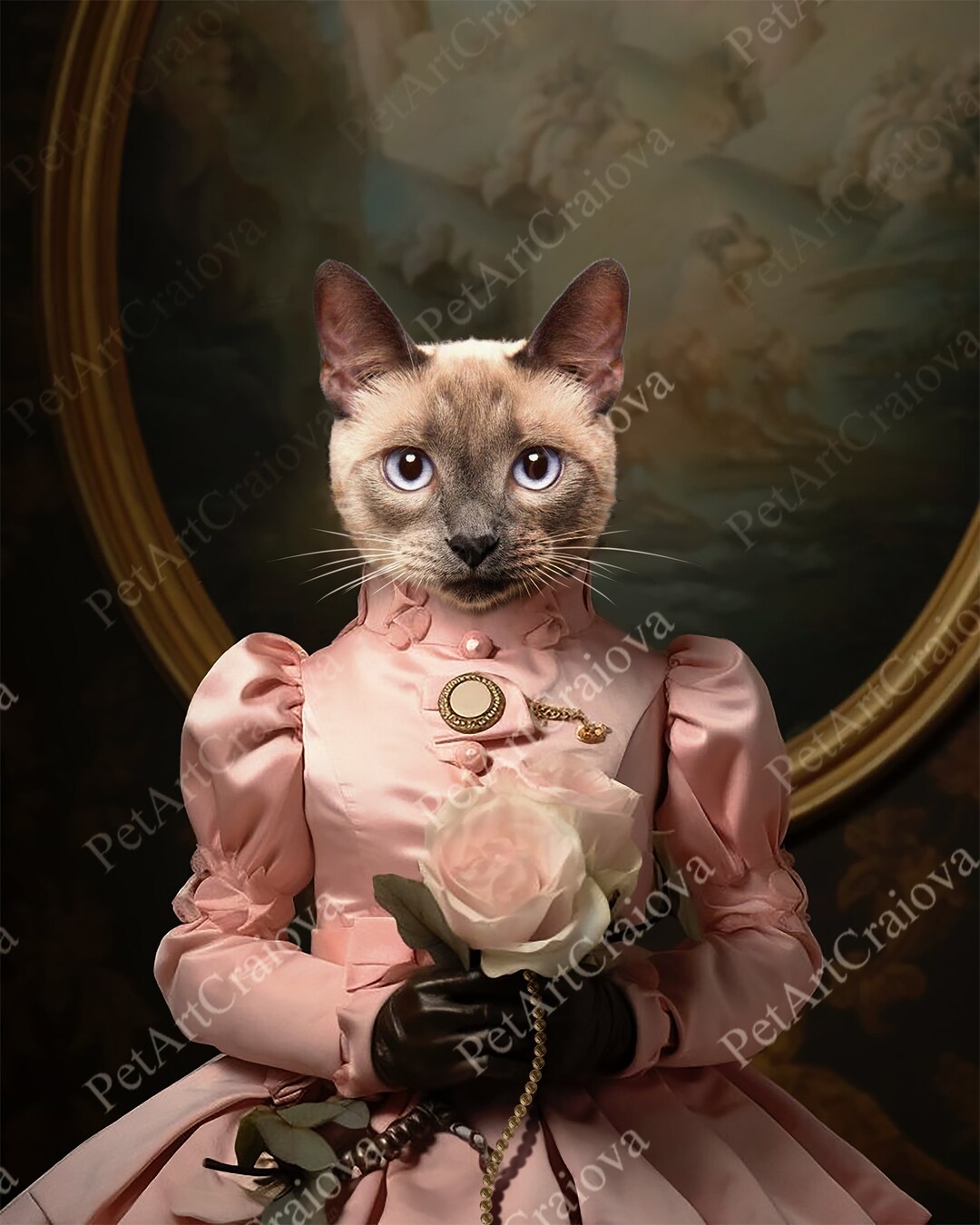 Baroque Custom Pet Portrait, Custom Cat Print, Pet With Flowers Art ...