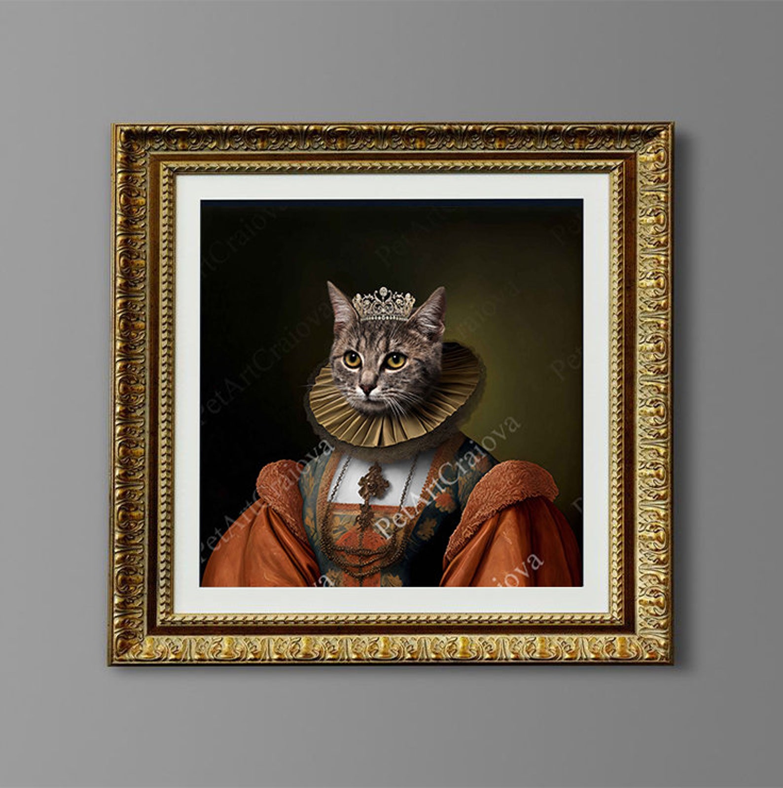 Queen Cat in Royal Dress With Ruff Collar and Crown, Dog Vintage Old ...