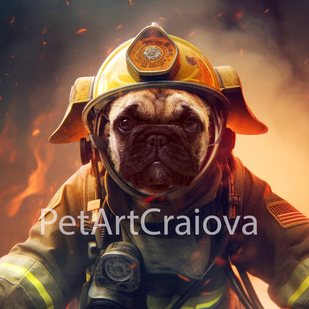 Firefighter Pug Custom Dog Portrait Digital Print Portrait From Photo ...