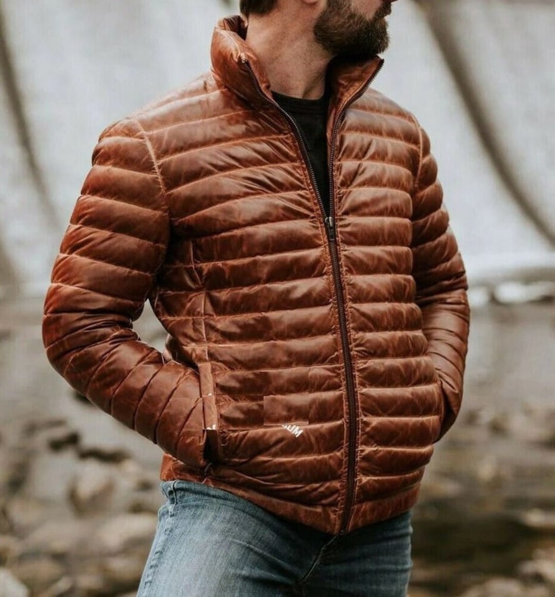 Handmade Men's Antique Brown Leather Puffer Jacket | Fully Quilted ...