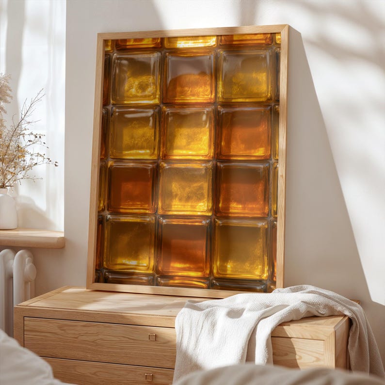 Amber Glass Tile Wall Art Print, Retro Orange Glass Blocks Poster, Mid ...