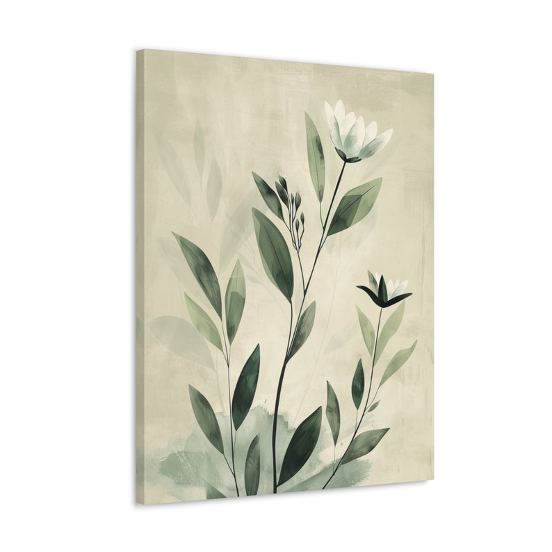 Sage Green Wall Art, Floral Botanical Canvas Print, Soft Neutral Tones ...